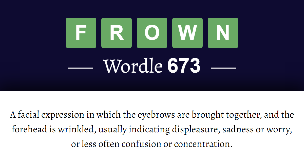 What does ‘FROWN’ mean in Wordle 673? (23rd April 2023)
